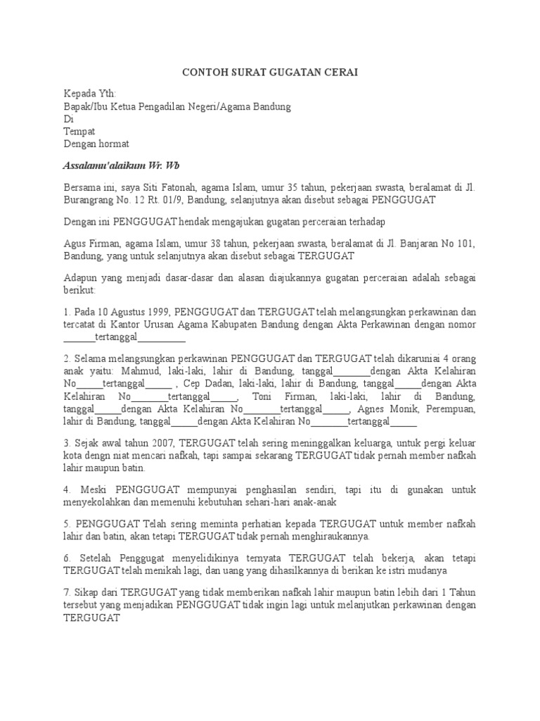 Contoh Surat Gugatan Cerai | PDF