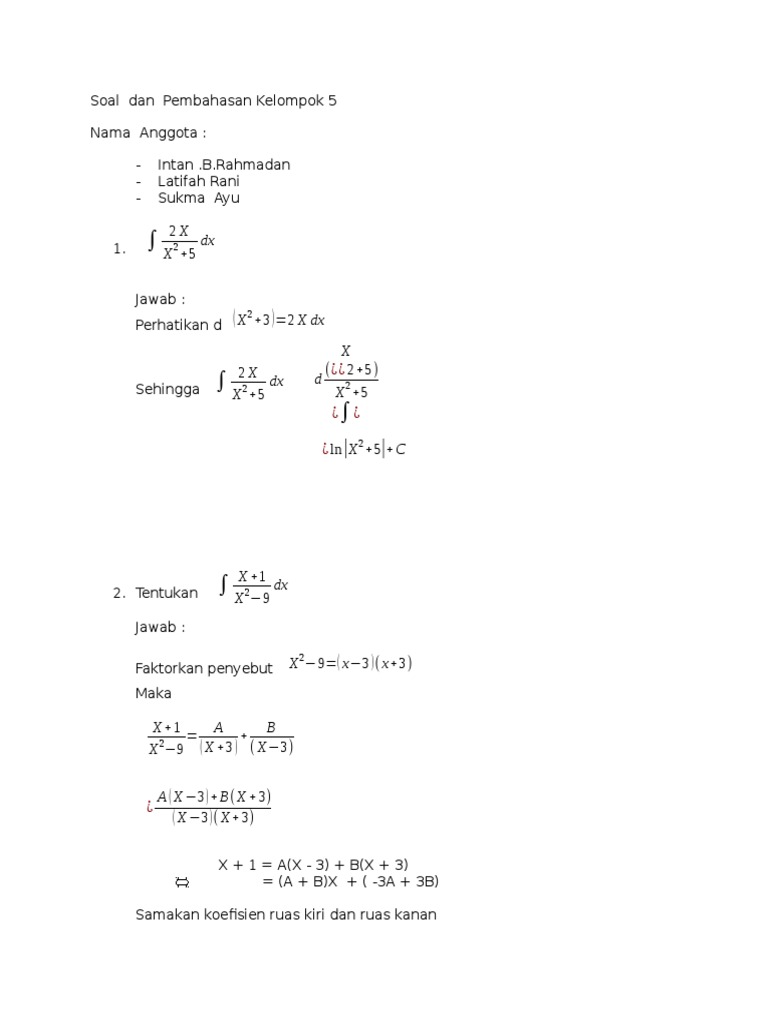 Integral Fungsi Rasional Kel 5 Soal | PDF