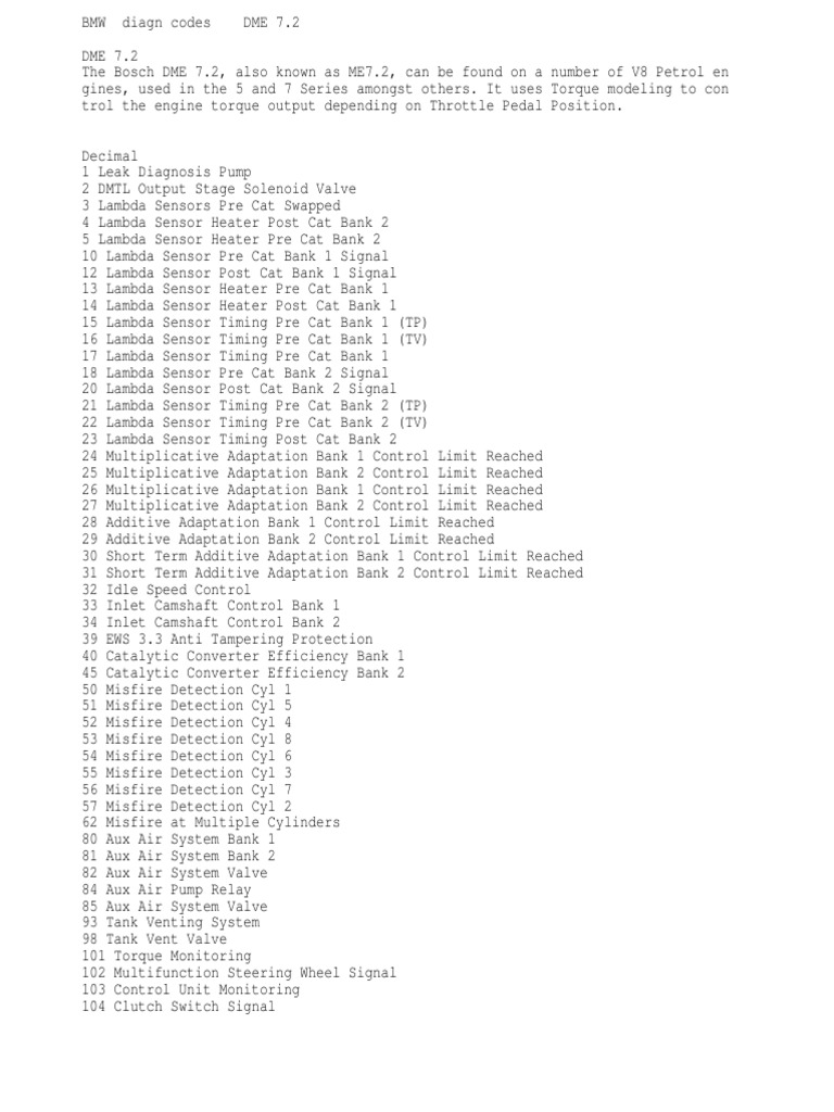 BMW DME 7.2 Diagnostic Codes Guide | PDF | Throttle | Fuel Injection