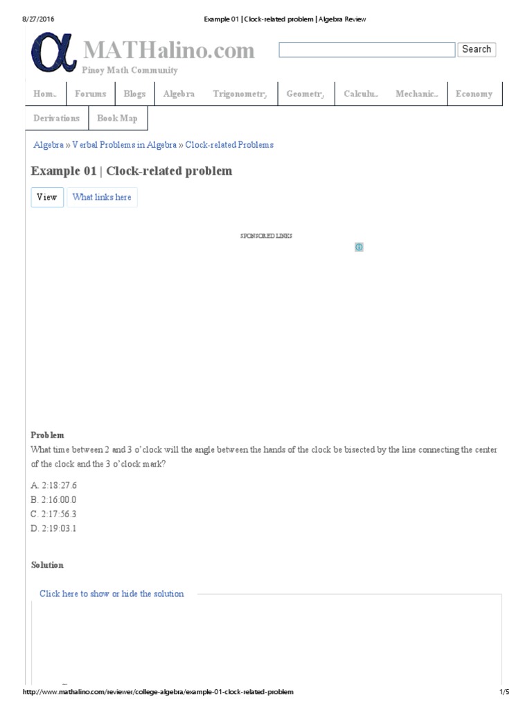 Example 01 - Clock-Related Problem - Algebra Review | PDF | Equations ...