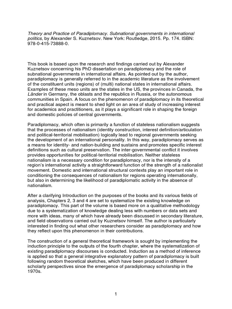 Theory and Practice of Paradiplomacy Sub PDF | PDF | Nationalism ...