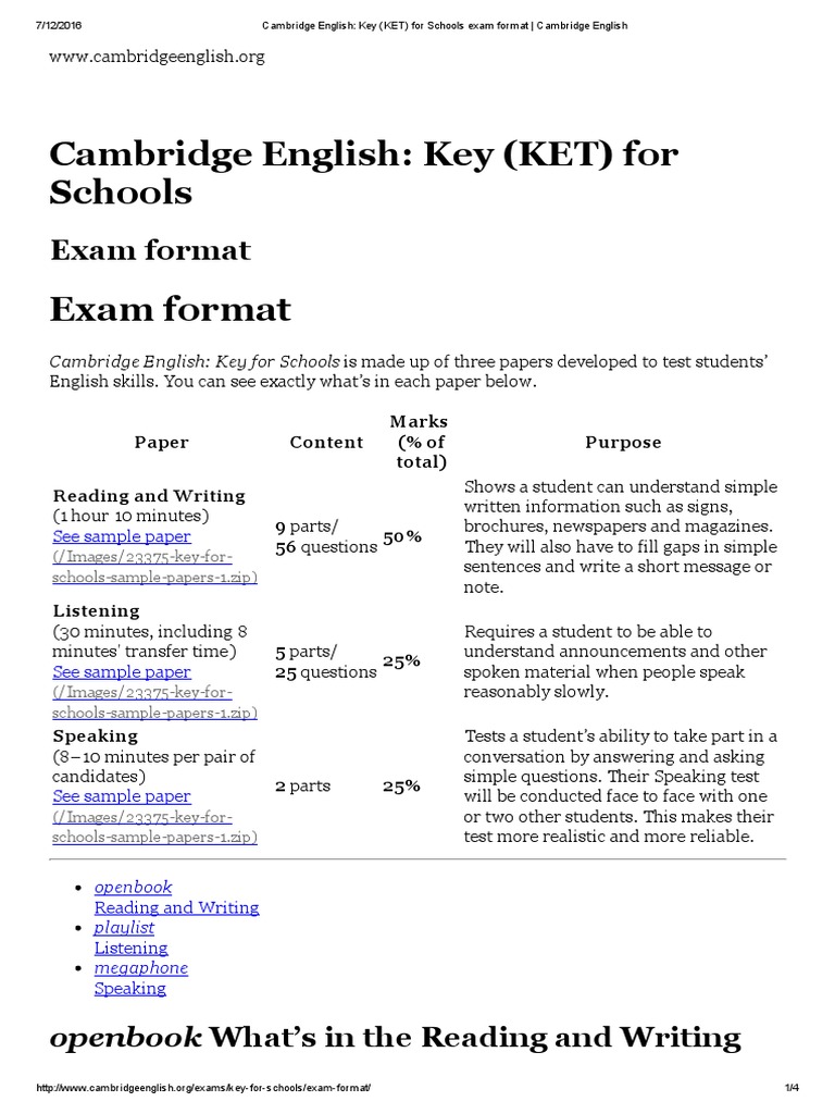 Cambridge English - Key (KET) For Schools Exam Format - Cambridge ...