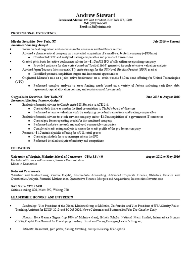 Stewart Resume 2017 | PDF | Investment Banking | Mergers And Acquisitions
