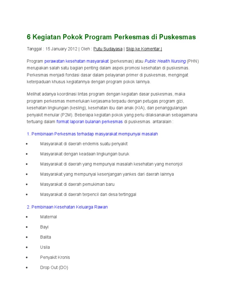 6 Kegiatan Pokok Program Perkesmas Di Puskesmas | PDF