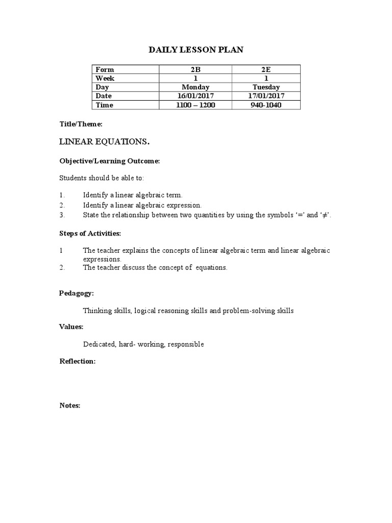 Linear Equations.: Daily Lesson Plan | PDF | Lesson Plan | Equations