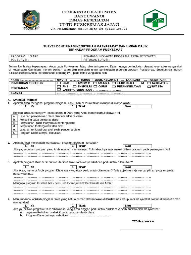 Kuesioner Diare | PDF | Karier & Perkembangan