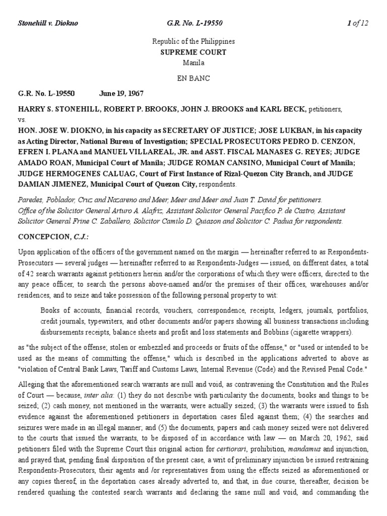 030-Stonehill vs. Diokno 20 Scra 383 (1967) | PDF | Search And Seizure ...