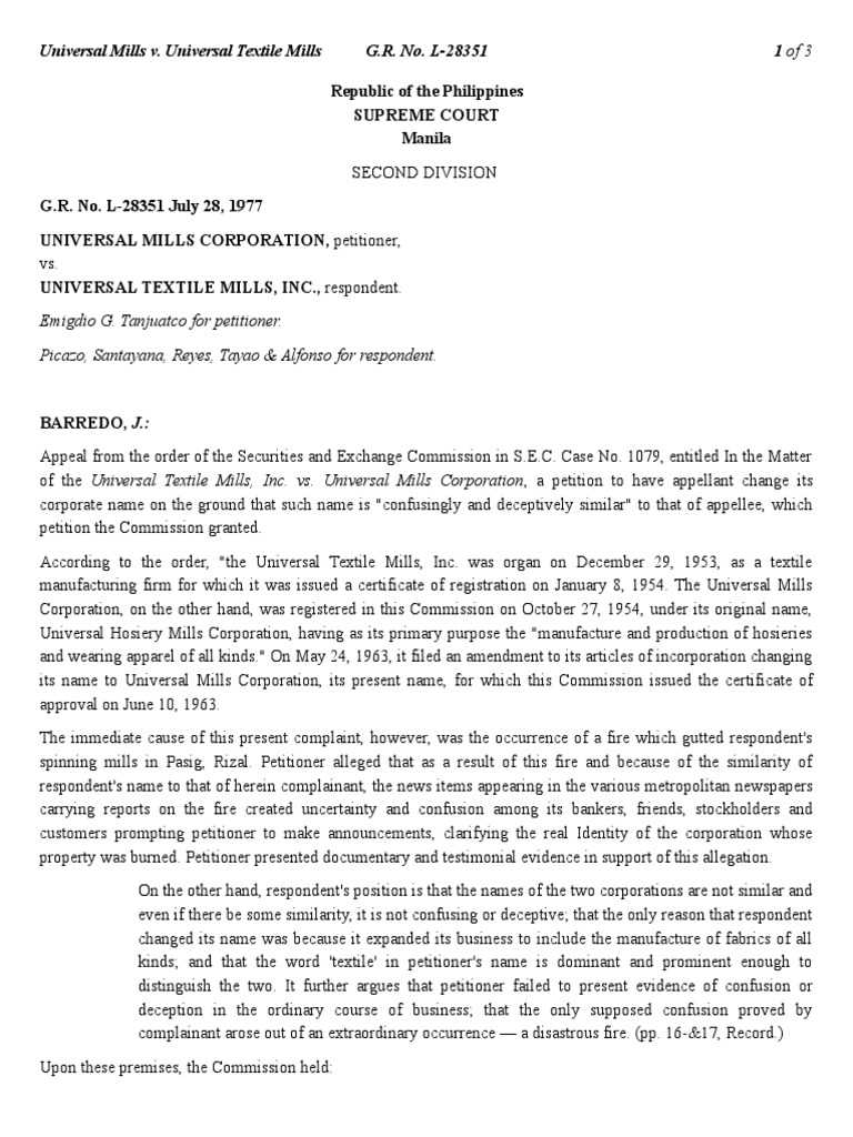 042-Universal Mills Corp. vs. Universal Textile Mills, Inc. 78 Scra 62 ...