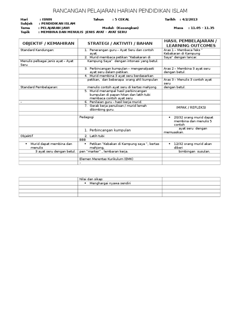 Contoh RPH Jawi Tahun 5 | PDF