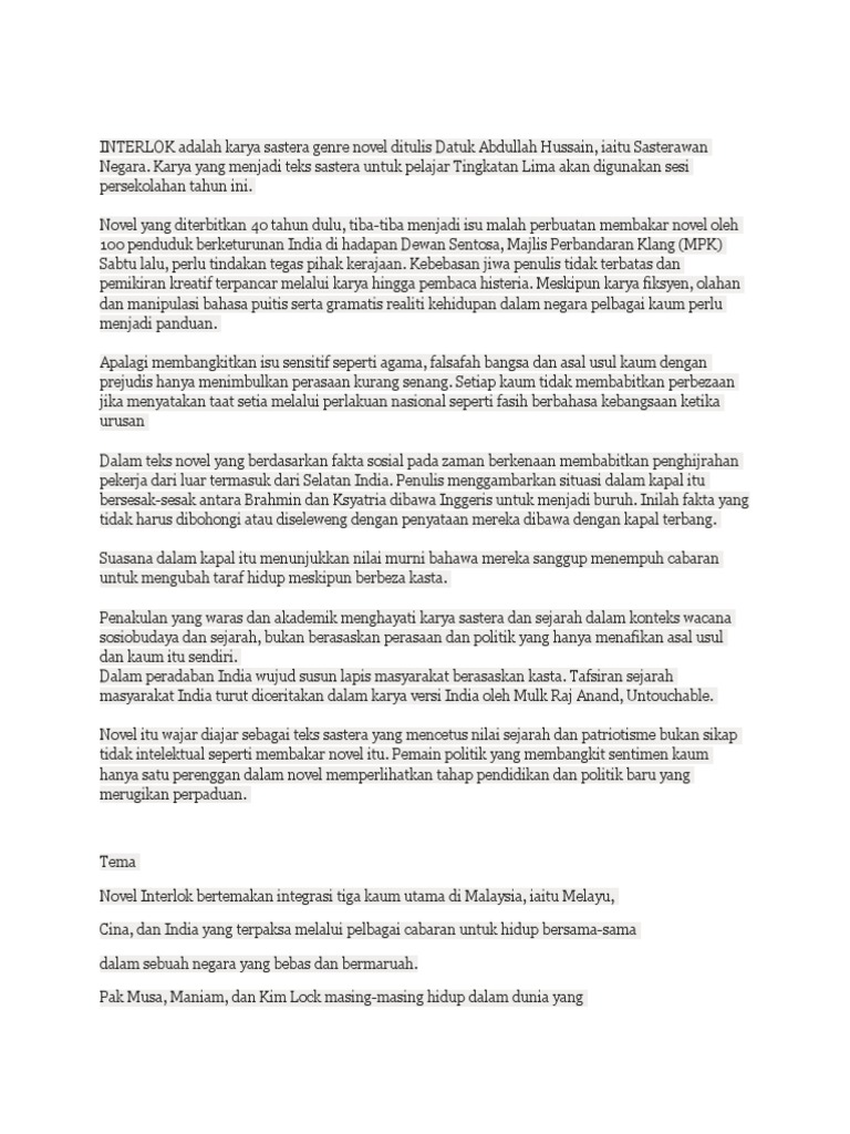 INTERLOK Adalah Karya Sastera Genre Novel Ditulis Datuk Abdullah ...