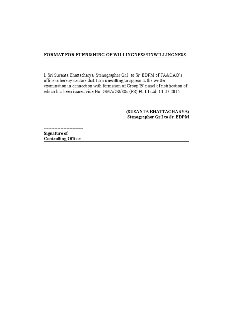 Format For Furnishing of Willingness/Unwillingness | PDF | Railway ...