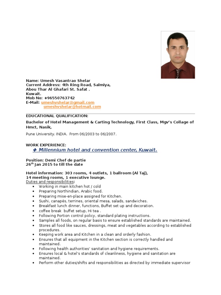 Umesh Resume: Demi Chef de Partie | PDF | Chef | Hotel