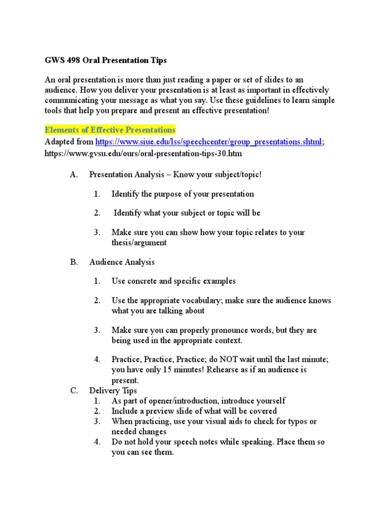 GWS 498 Oral Presentation Tips | PDF