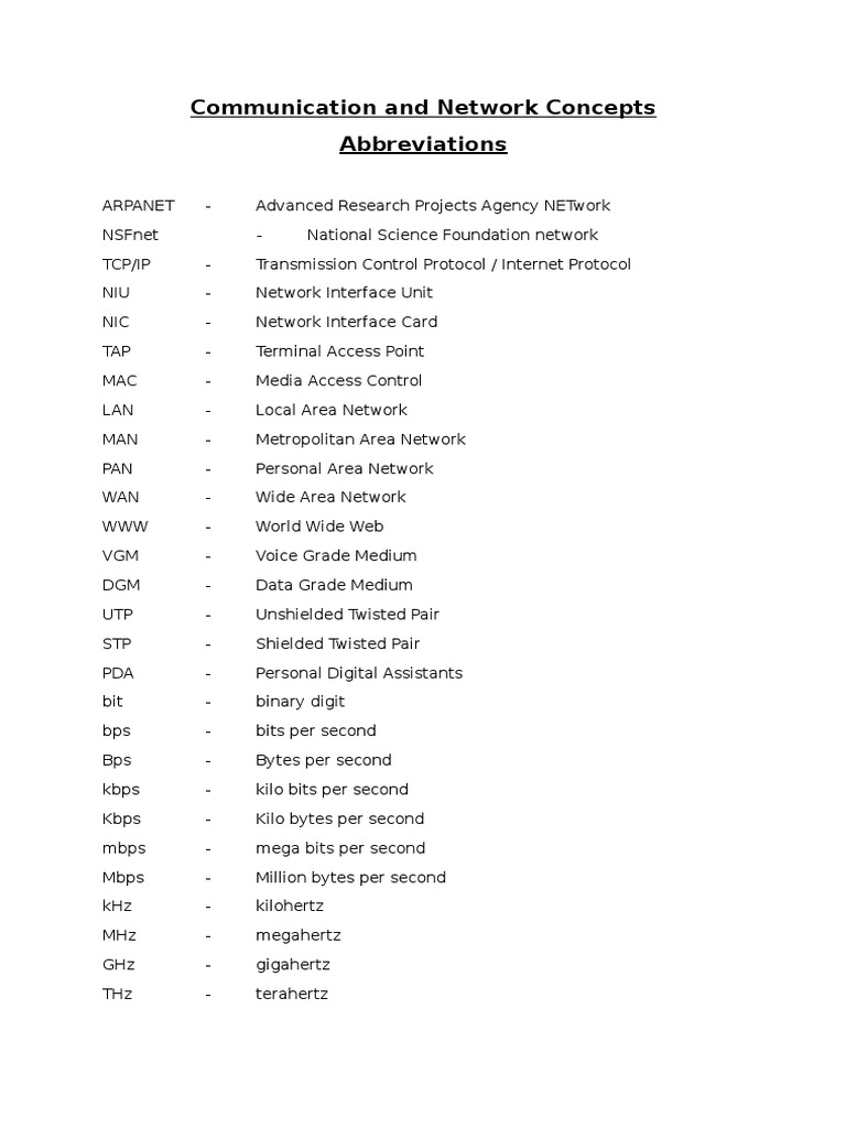 Communication and Network Concepts Abbreviations | PDF | Technology ...
