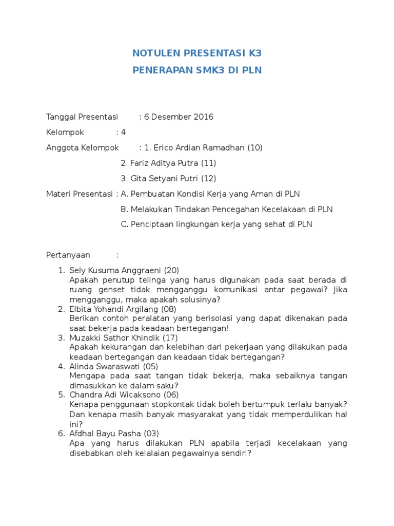 Notulen Presentasi K3 di PLN | PDF