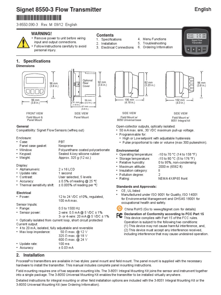 Signet 8550-3 Flow Transmitter: 3-8550.090-3 English | PDF