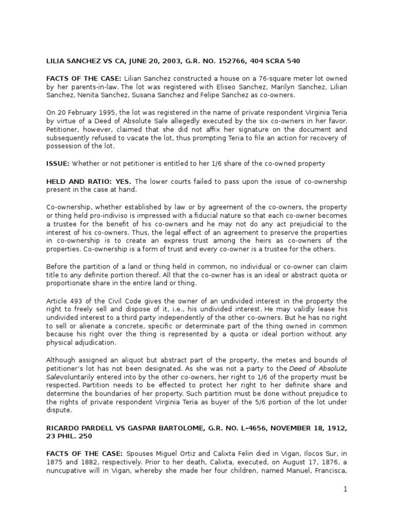 Property Law Case Digests Co-Ownership | PDF | Ownership | Deed