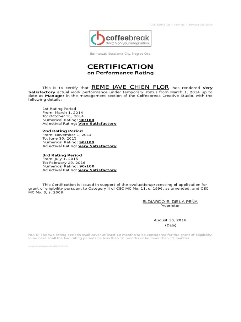 Certificate of Performance Rating | PDF