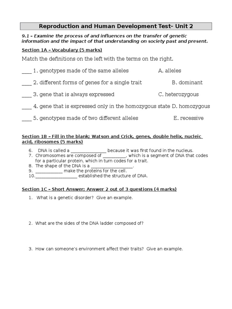 Reproduction and Human Development Test 2 Answers | PDF | Meiosis ...