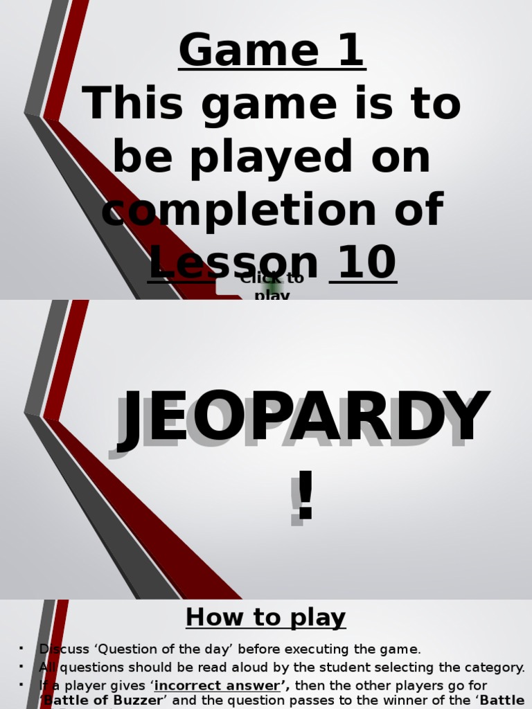 Jeopardy After L10 | PDF | Yellow | Color