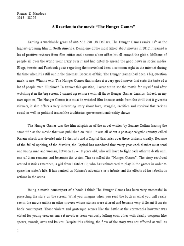 Hunger Games Reaction Paper | PDF | The Hunger Games | Leisure