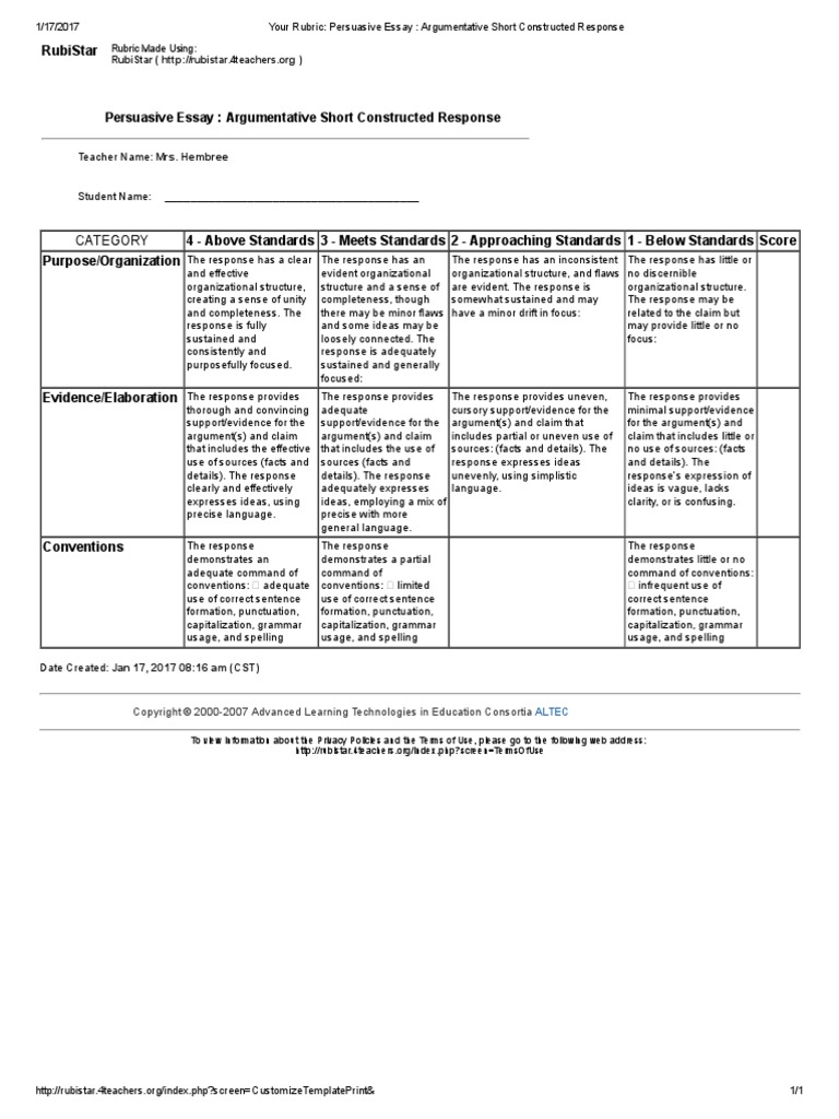 Rubric Argumentative Short Constructed Response | PDF