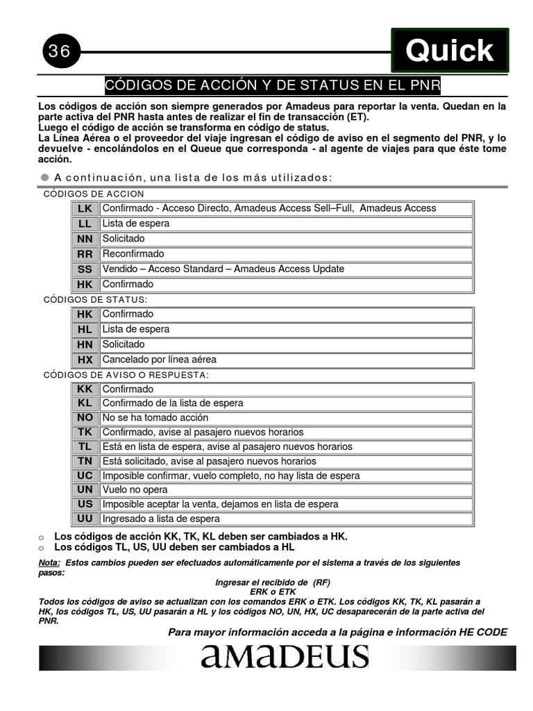 Codigos de Accion y Status en El PNR | PDF
