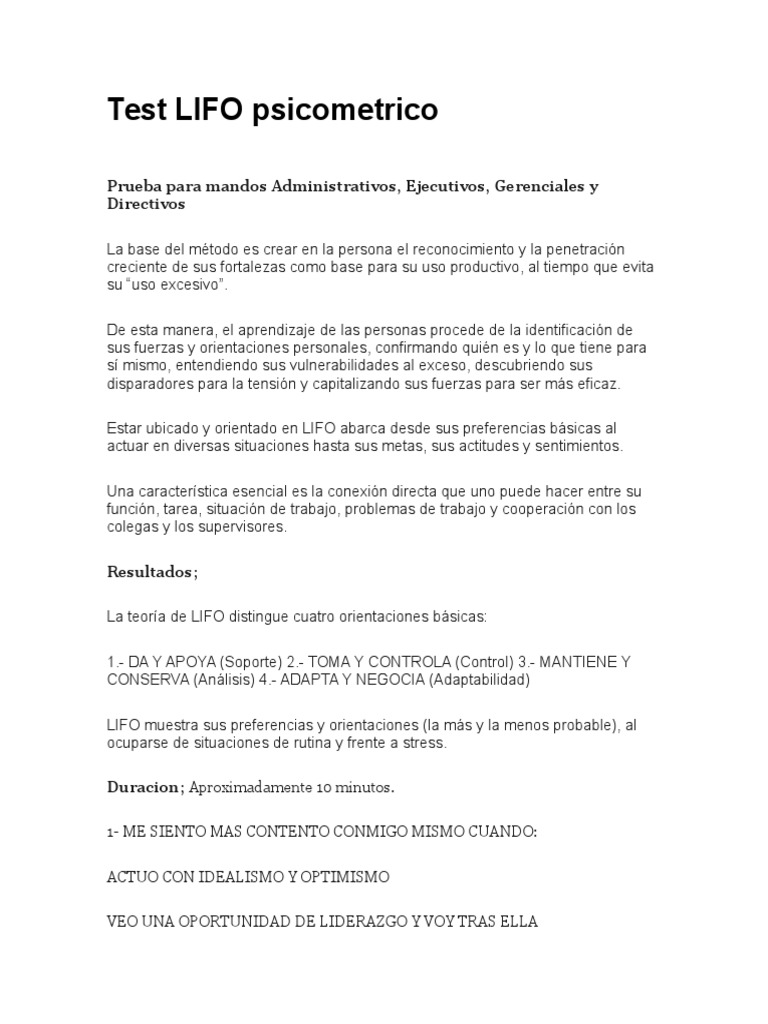 Test LIFO Psicometrico | PDF | Relaciones personales, crianza y ...