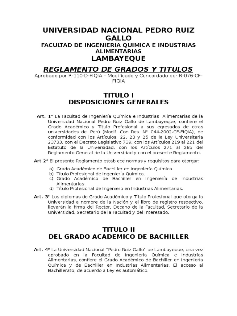 Reglamento de Grados y Titulos - Fiqia - UNPRG | PDF | Titulo academico | Ingeniería Química