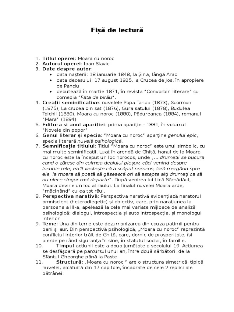Fisa de Lectura Moara Cu Noroc | PDF