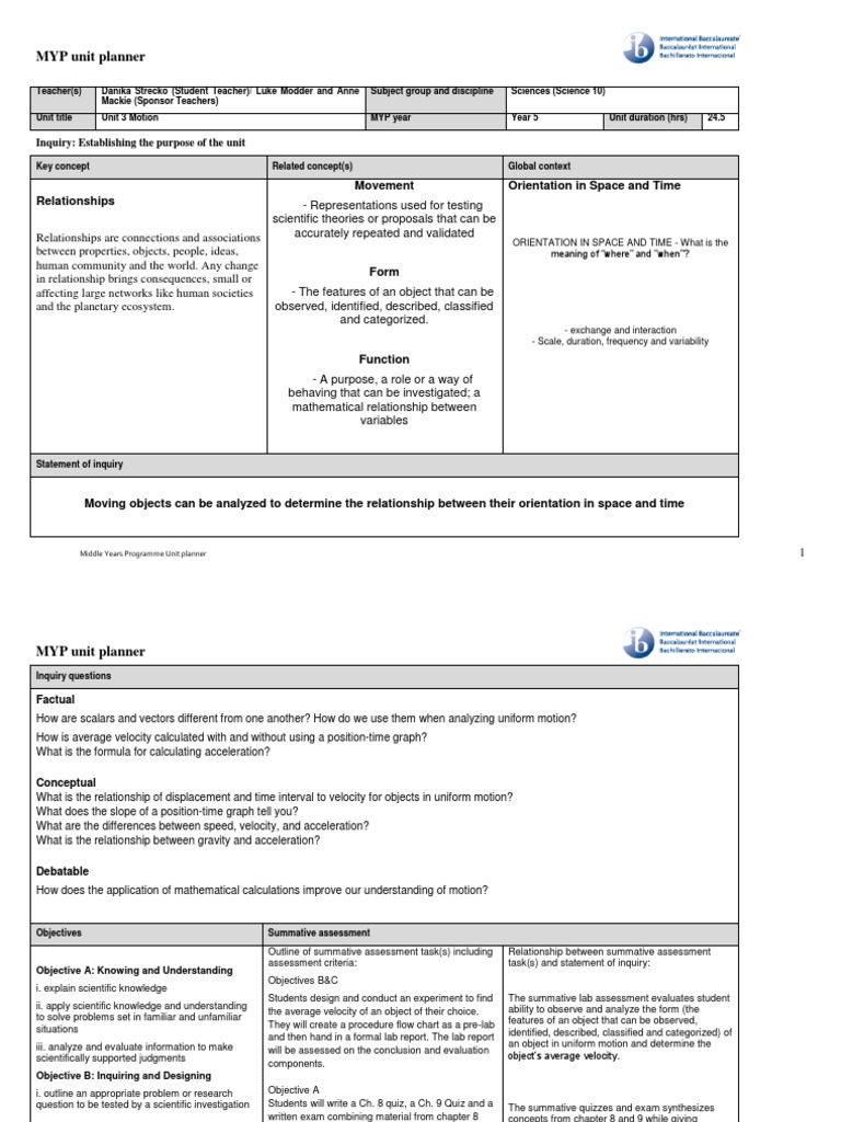 Physics - Motion Unit Plan Student Teacher 4 | PDF | Educational ...