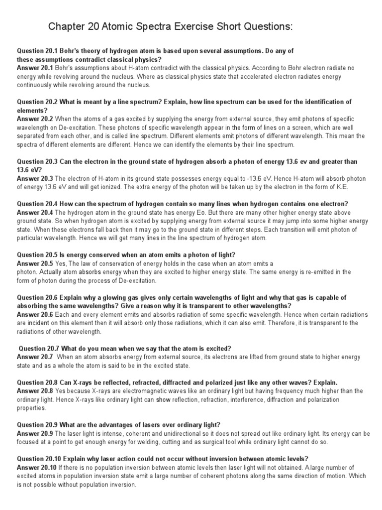Chapter 20 Atomic Spectra Exercise Short Questions | PDF | Light ...