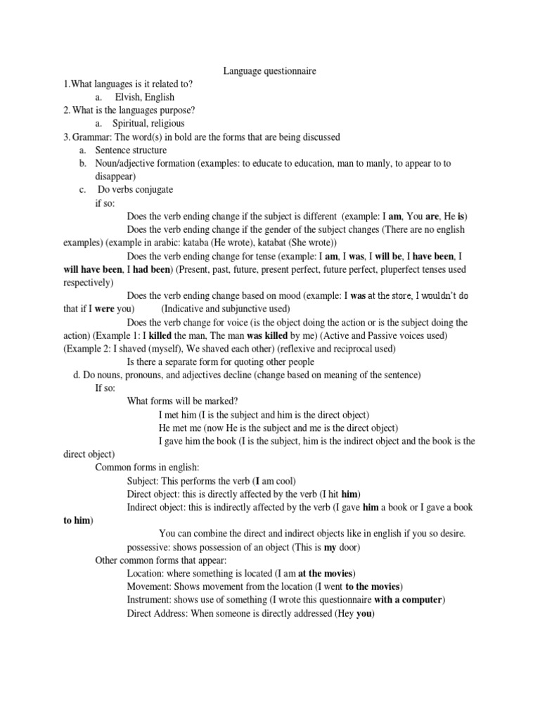 Language Questionnaire | PDF | Grammatical Gender | Grammatical Number