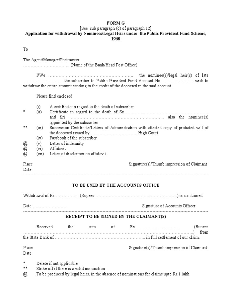Form G Application For Withdrawal by Nominees/Legal Heirs Under The ...