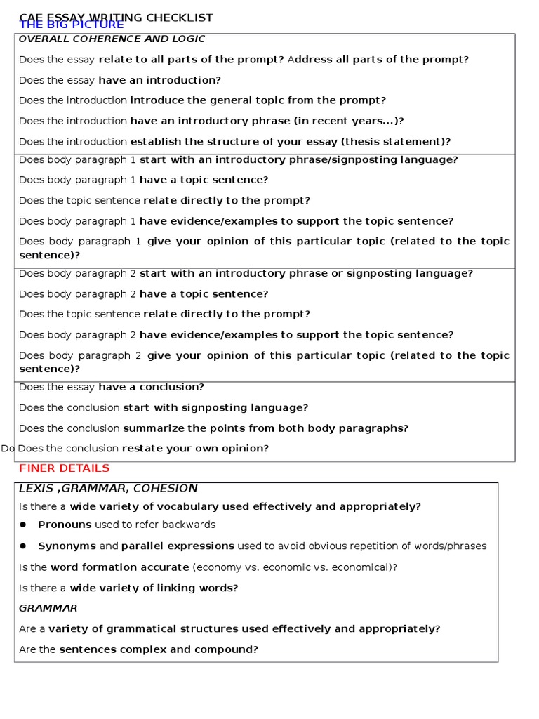 Cae Essay Writing Checklist | PDF