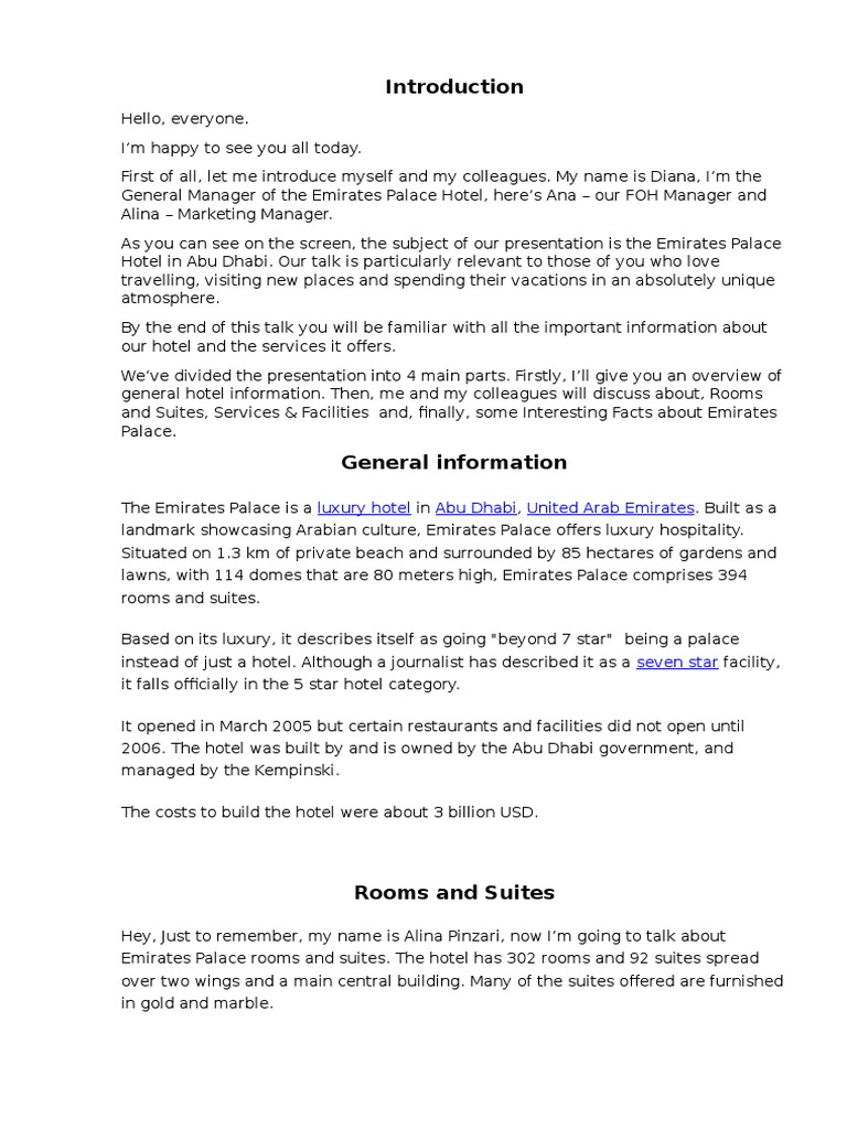 Emirates Palace Hotel Introduction Presentation | PDF | Hotel And ...