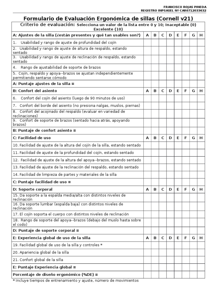 Formulario de Evaluación Ergonómica de Sillas | PDF