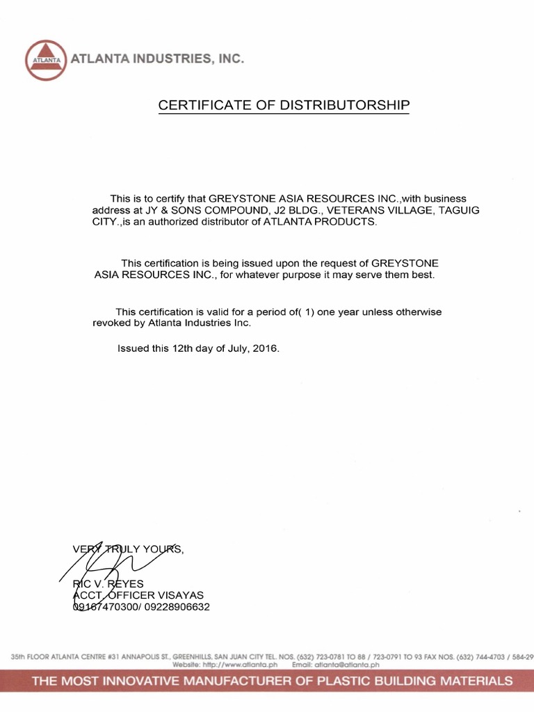 Certificate of Distributorship PDF | PDF