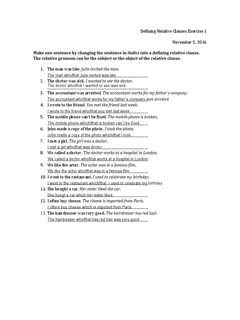 Defining Relative Clauses Exercise 1 | PDF | Self-Improvement