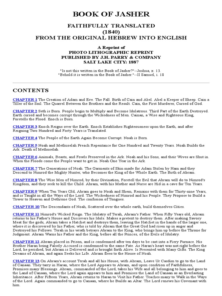 Book of Jasher: Faithfully Translated (1840) From The Original Hebrew ...