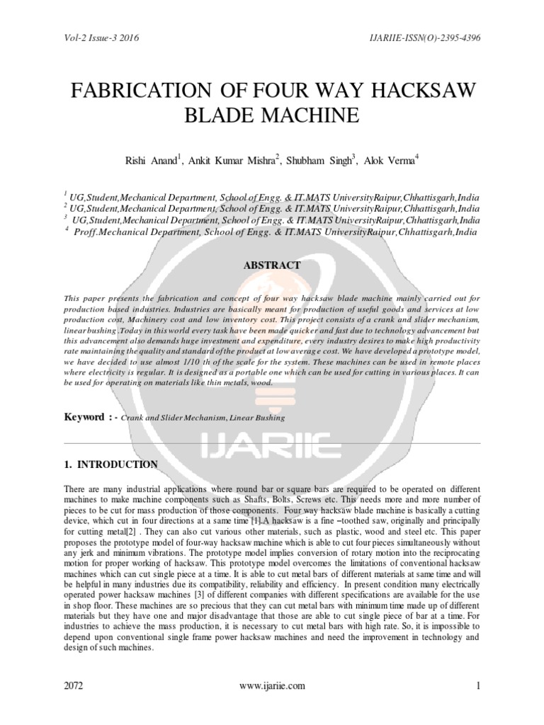 FABRICATION OF FOUR WAY HACKSAW BLADE MACHINE Ijariie2072 PDF | PDF ...