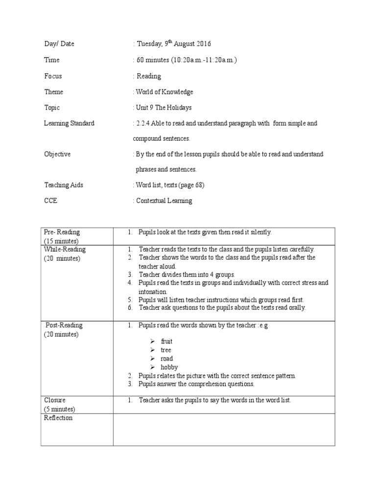 Reading Lesson Plan: Unit 9 Holidays | PDF