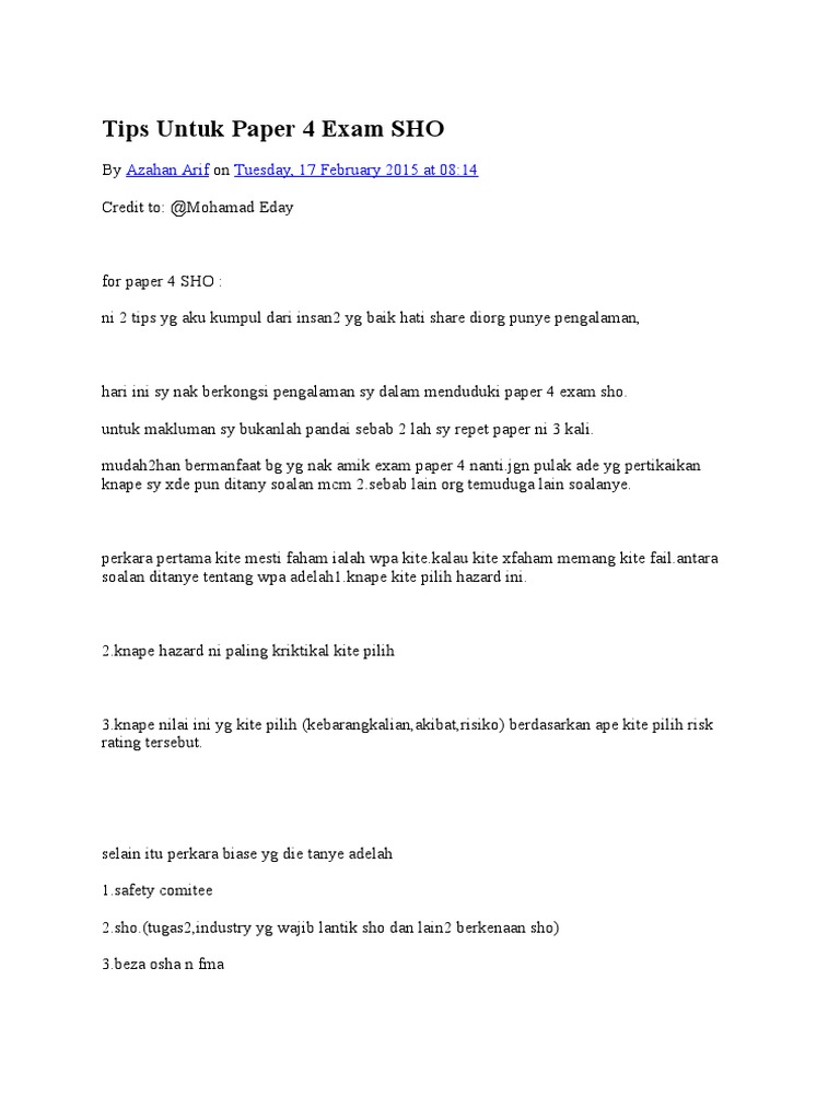 Tips Untuk Paper 4 Exam SHO | PDF