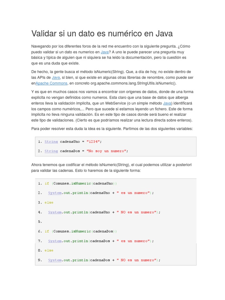 Validar Si Un Dato Es Numérico en Java | PDF | Java (lenguaje de programación) | Áreas de ...