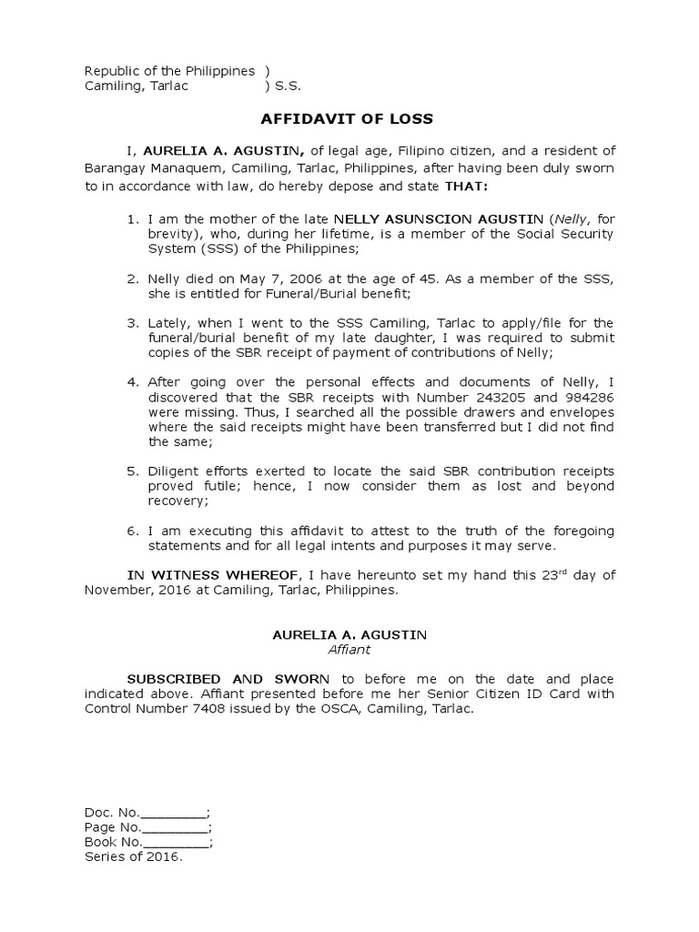 Affidavit of Loss - Aurelia (SSS-SBR Receipts) | PDF | Affidavit ...