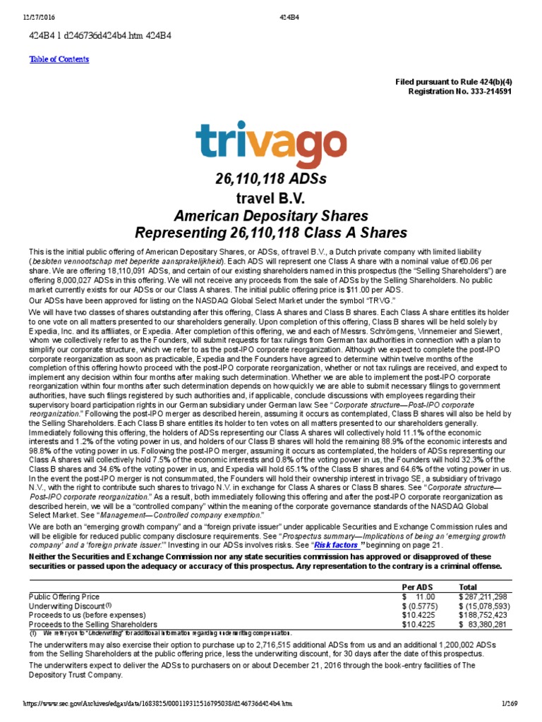 Trivago Prospectus | PDF | American Depositary Receipt | Advertising