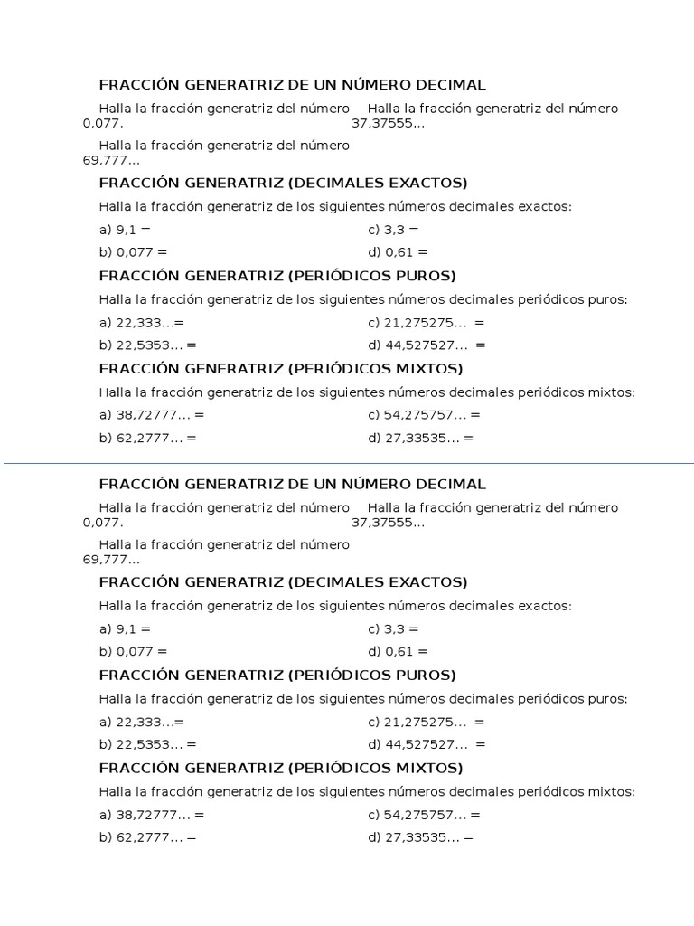 Fracción Generatriz de Un Número Decimal