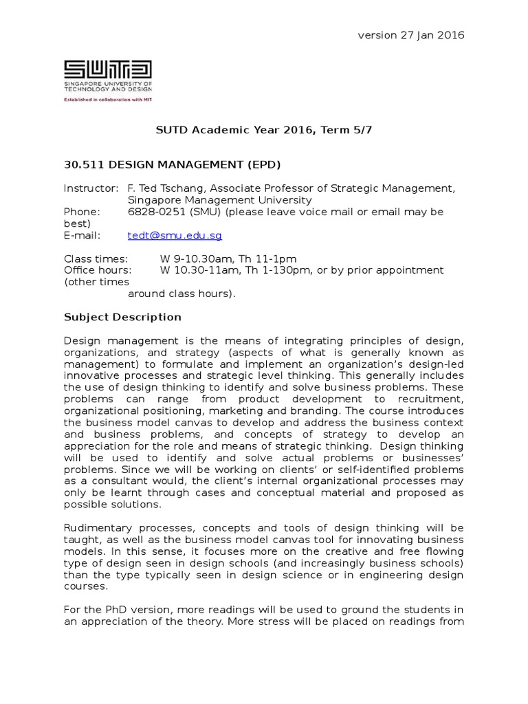 SUTD Design Management Course Outline-PhD Ver (27 Jan 2016) | PDF ...