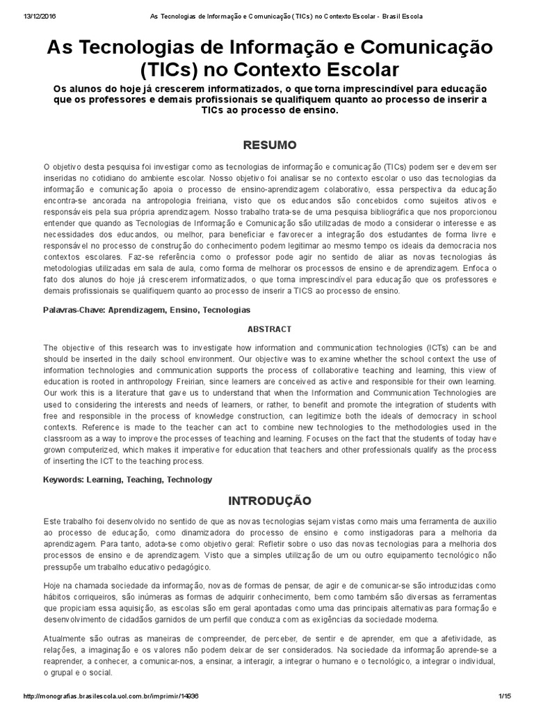 As Tecnologias de Informação e Comunicação (TICs) No Contexto Escolar ...