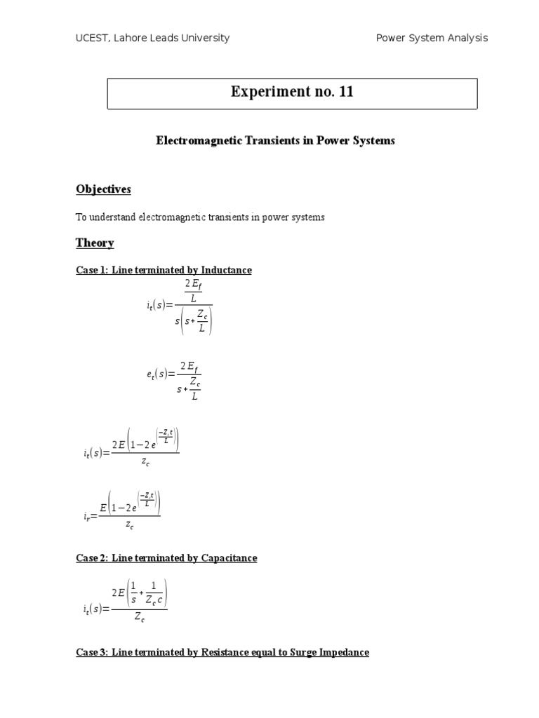 Experiment No. 11: Electromagnetic Transients in Power Systems | PDF